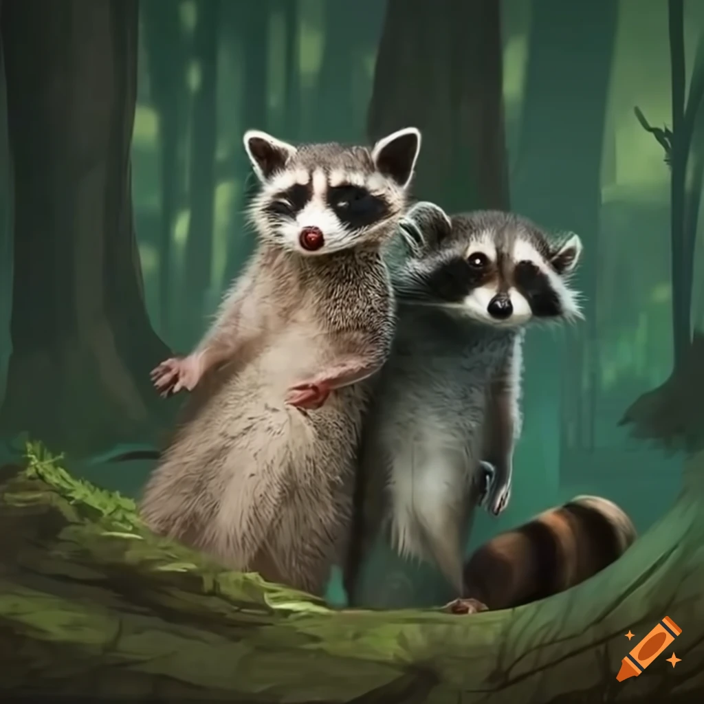 Fantasy forest with a possum and raccoon on Craiyon