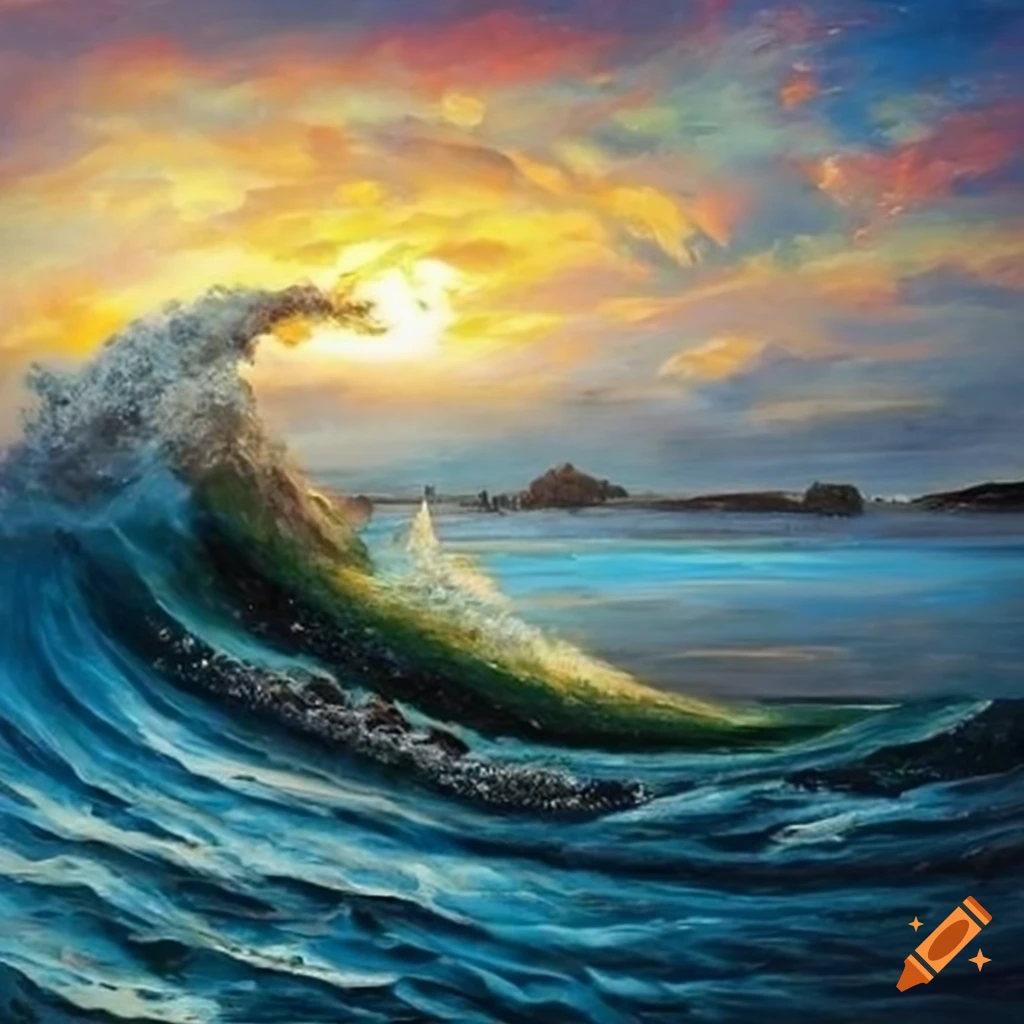 Surreal oil painting of a galaxy on a wave