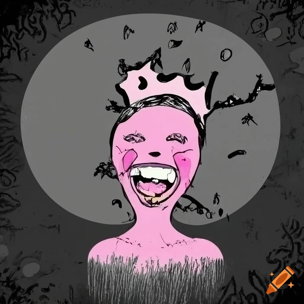 Mixed media artwork of a laughing barbed wire barbie on Craiyon