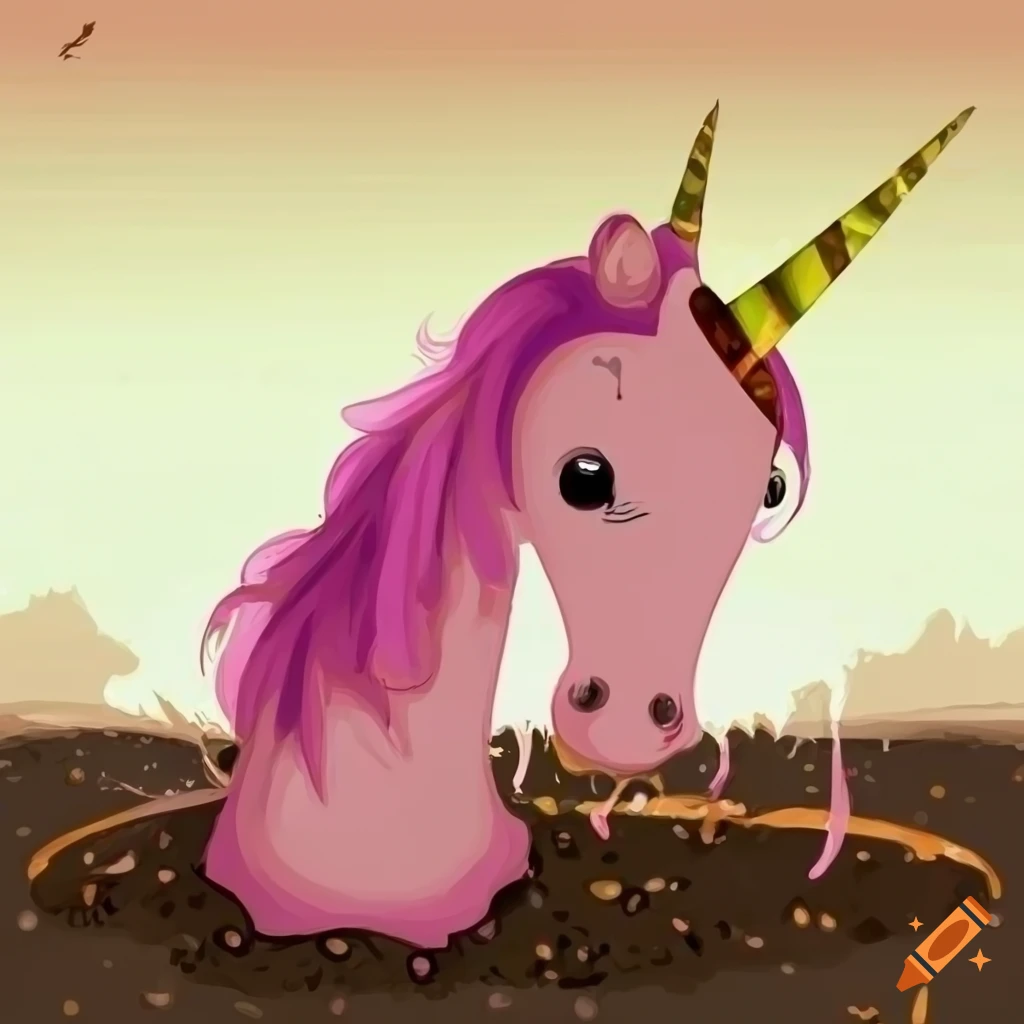 Digital illustration of a unicorn trapped in mud on Craiyon
