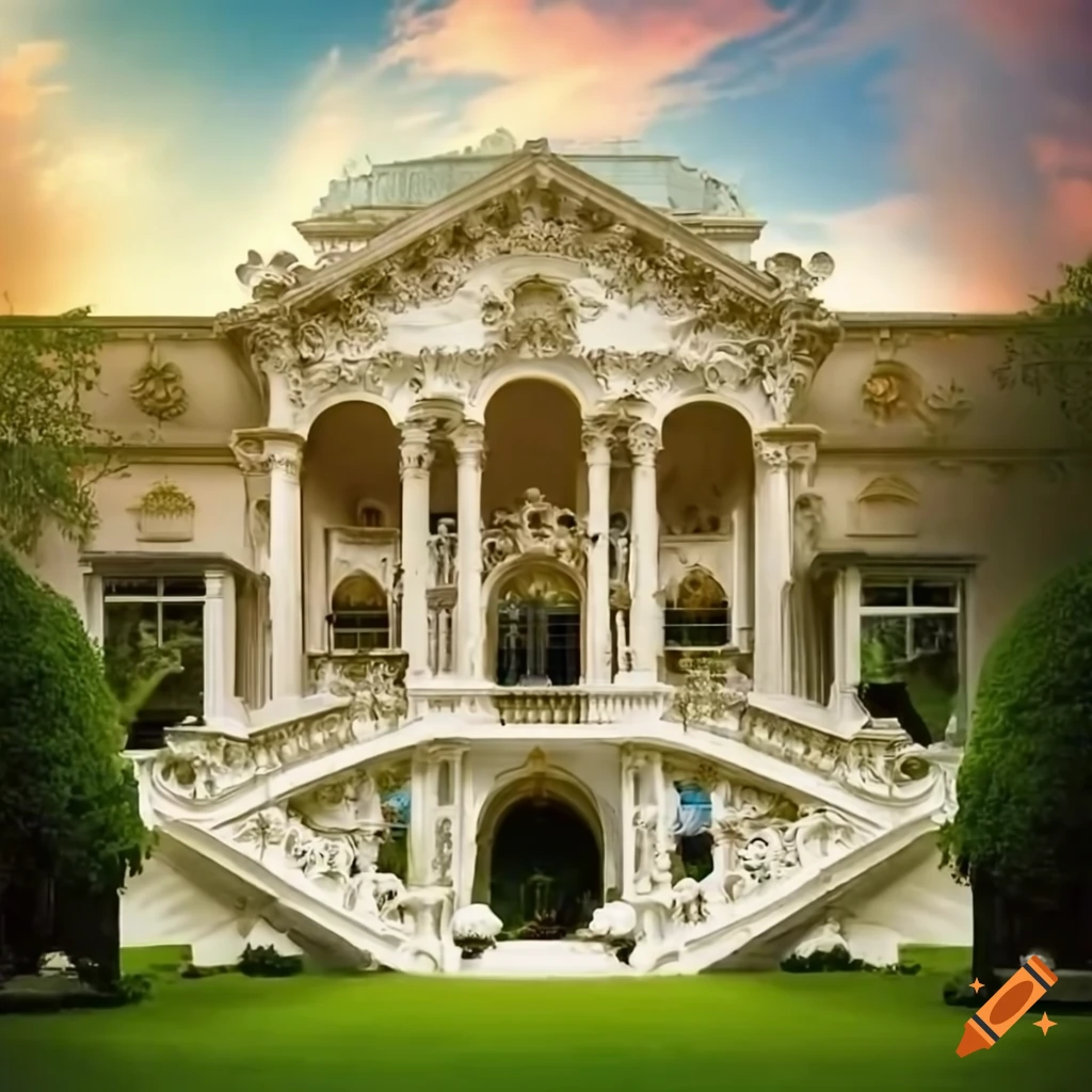 Luxurious rococo-style garden with white stucco and leafy stairs on Craiyon