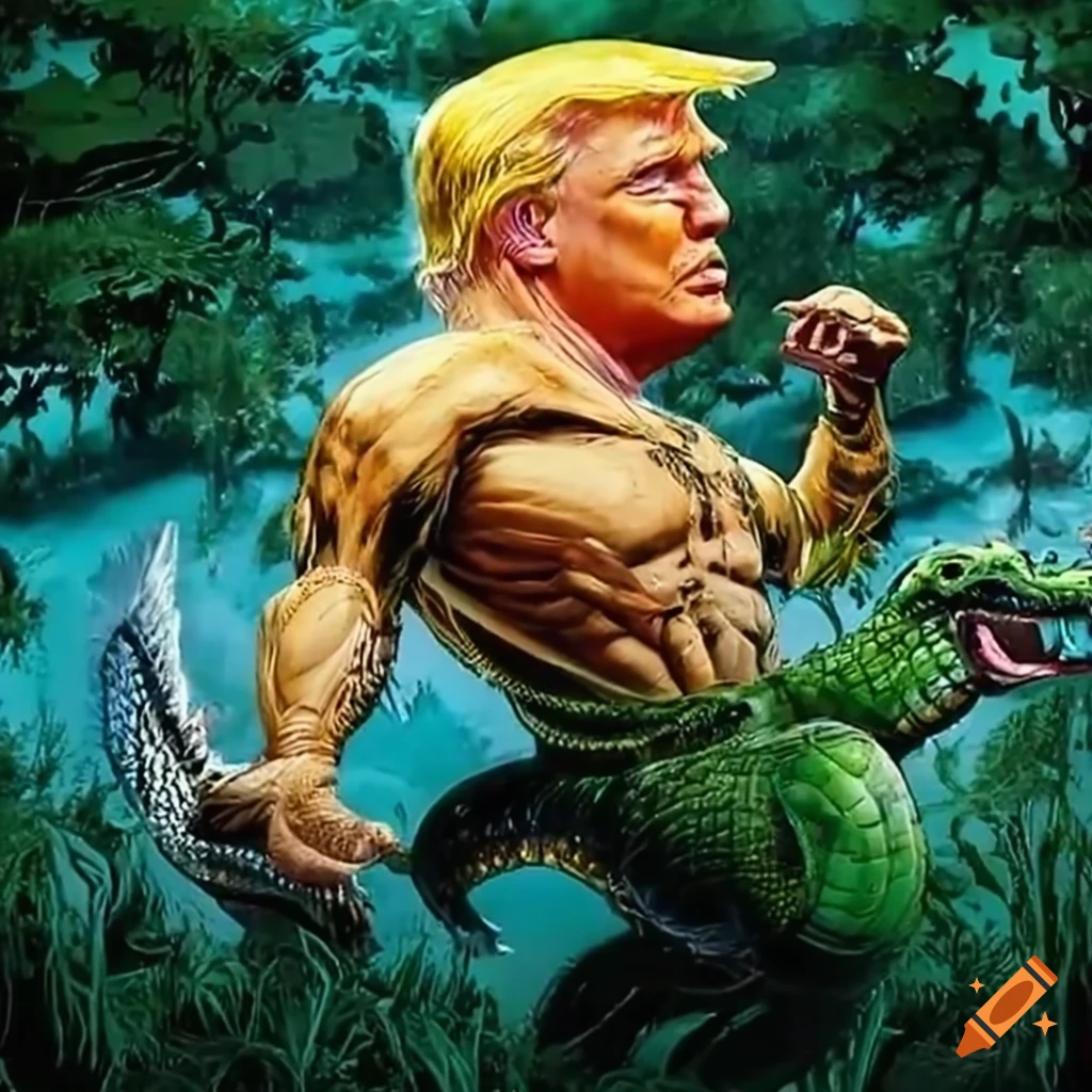 Surrealist artwork of Donald Trump kicking an alligator in a swamp on ...