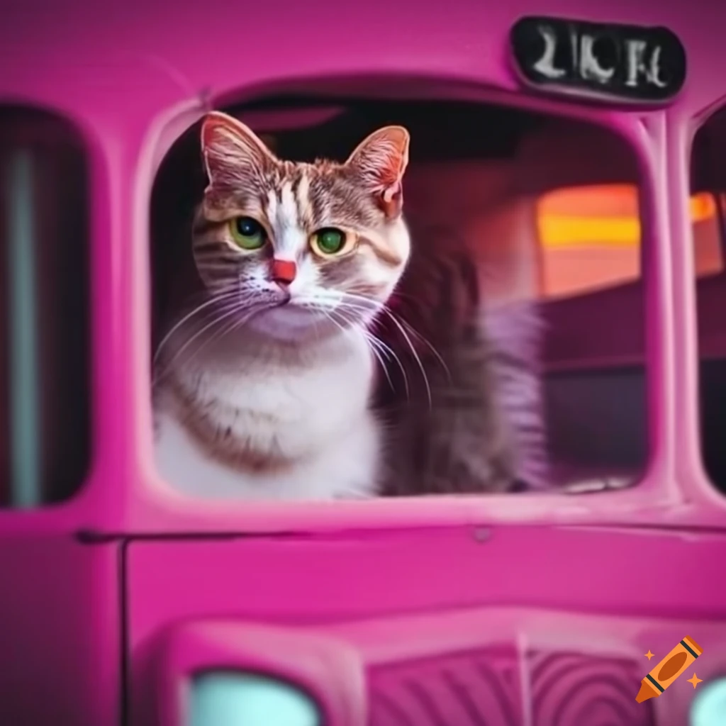 Cats in a pink bus