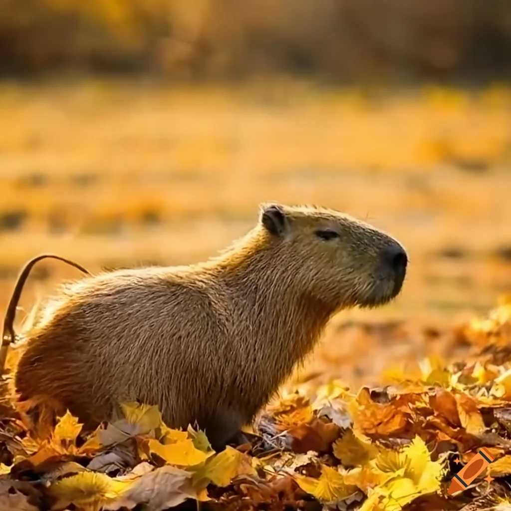Capybara in a basket surrounded by autumn leaves