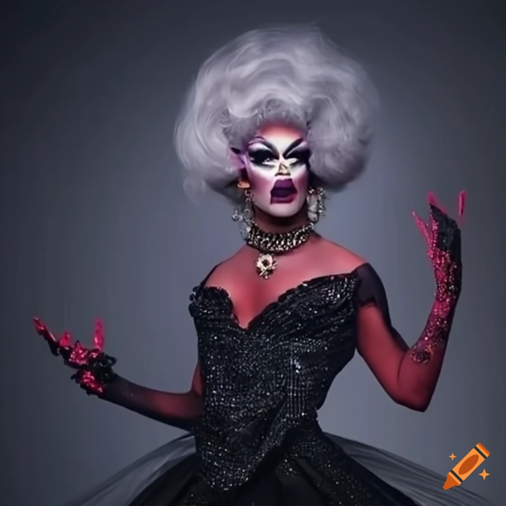 Drag queen in a spooky-themed runway costume on Craiyon