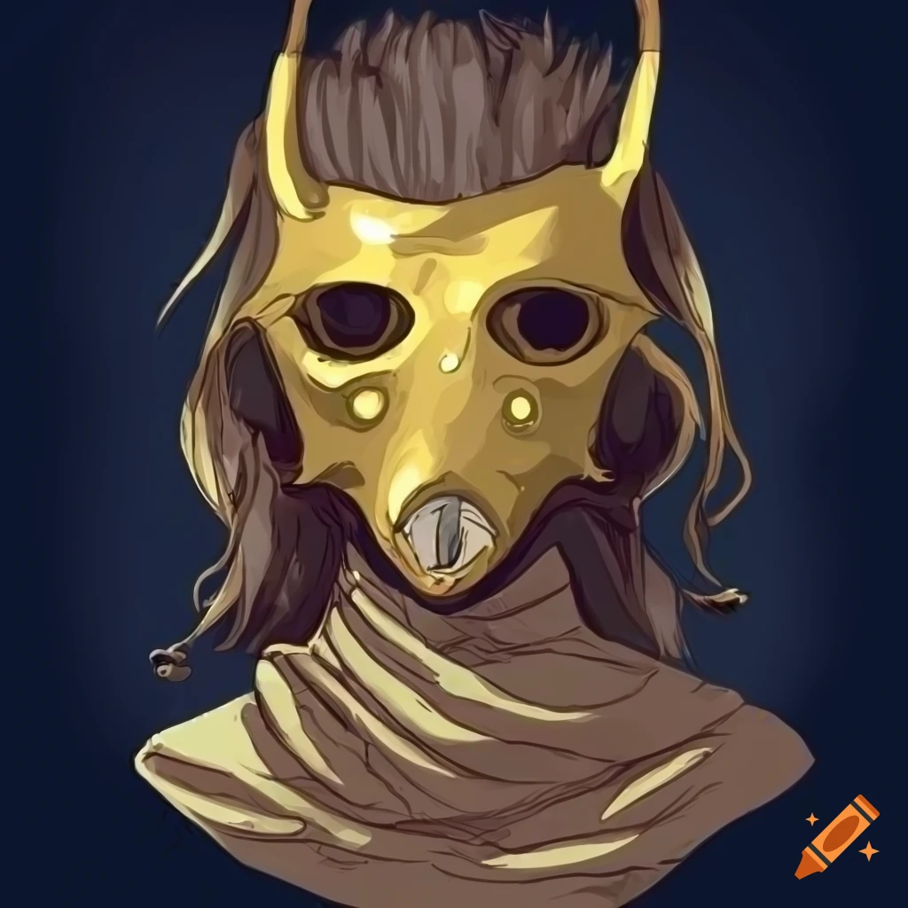 Illustration of a plasmoid wearing a golden full face mask on Craiyon