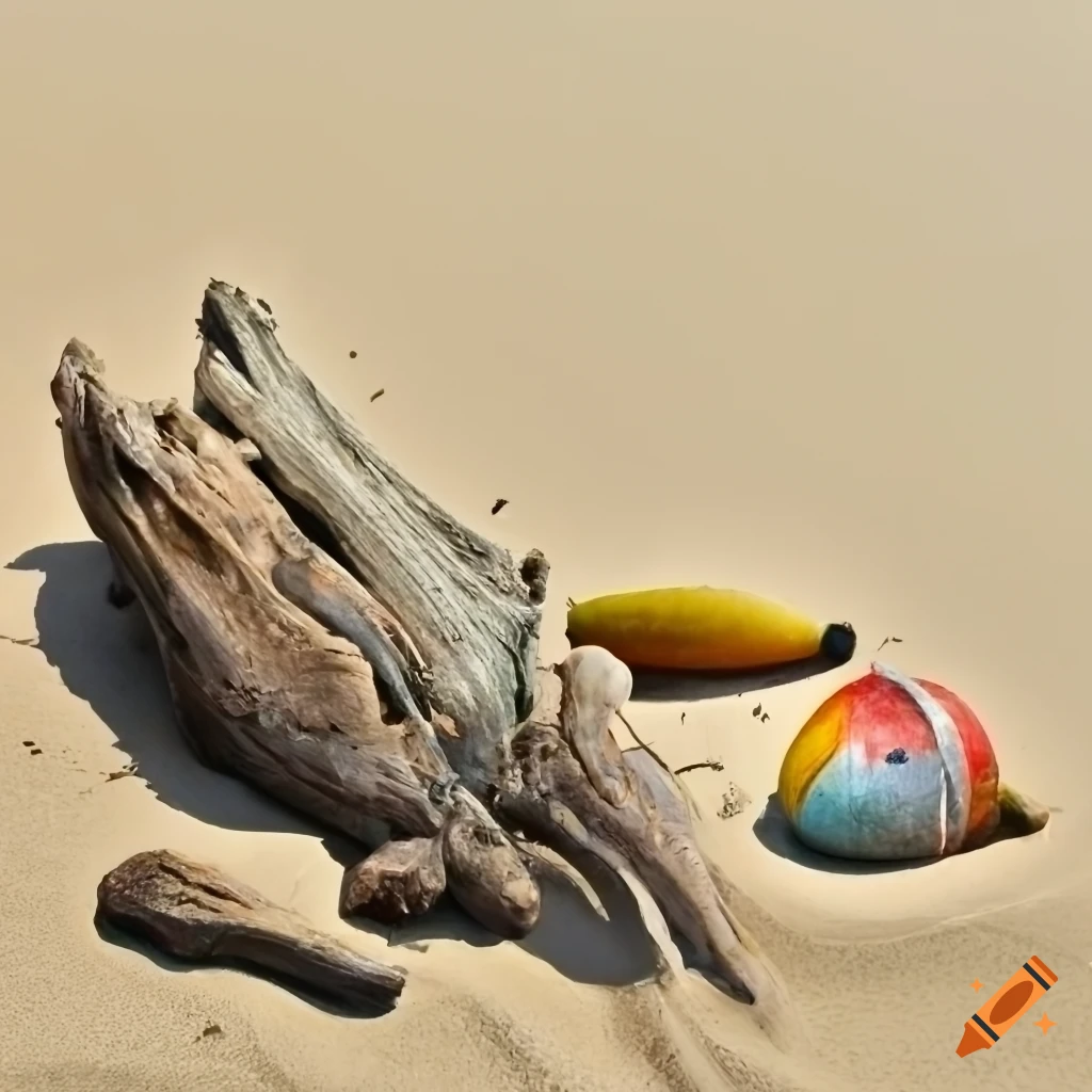 Sculpted still life artwork on a windswept beach on Craiyon