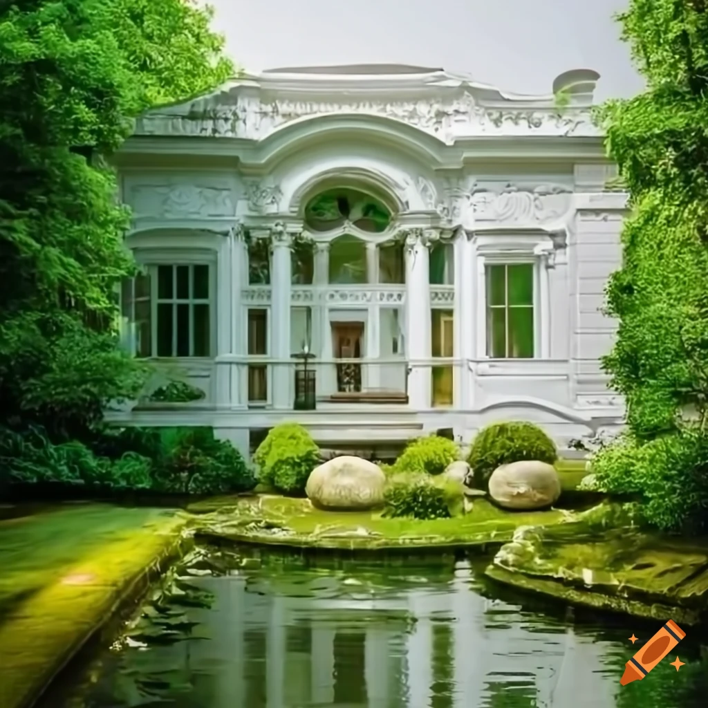 Ancient villa with black sloping roof in a garden surrounded by hedges ...