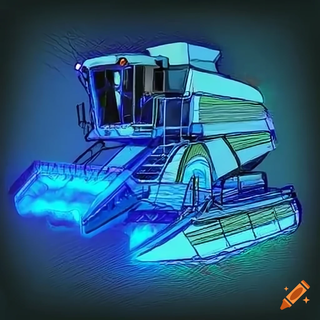 Blue glowing crops being harvested by an advanced combine harvester on ...