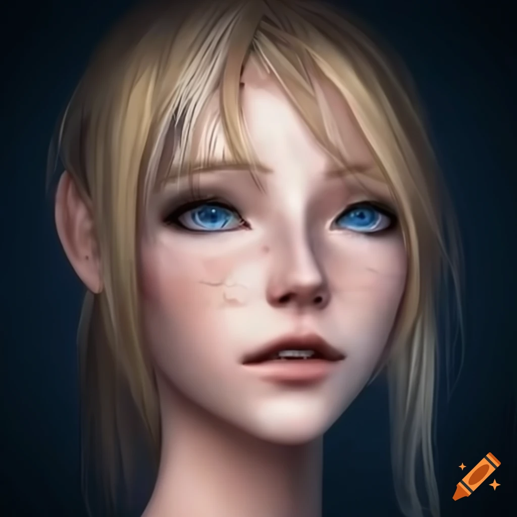 Detailed visual novel character with blue eyes and blond hair on Craiyon