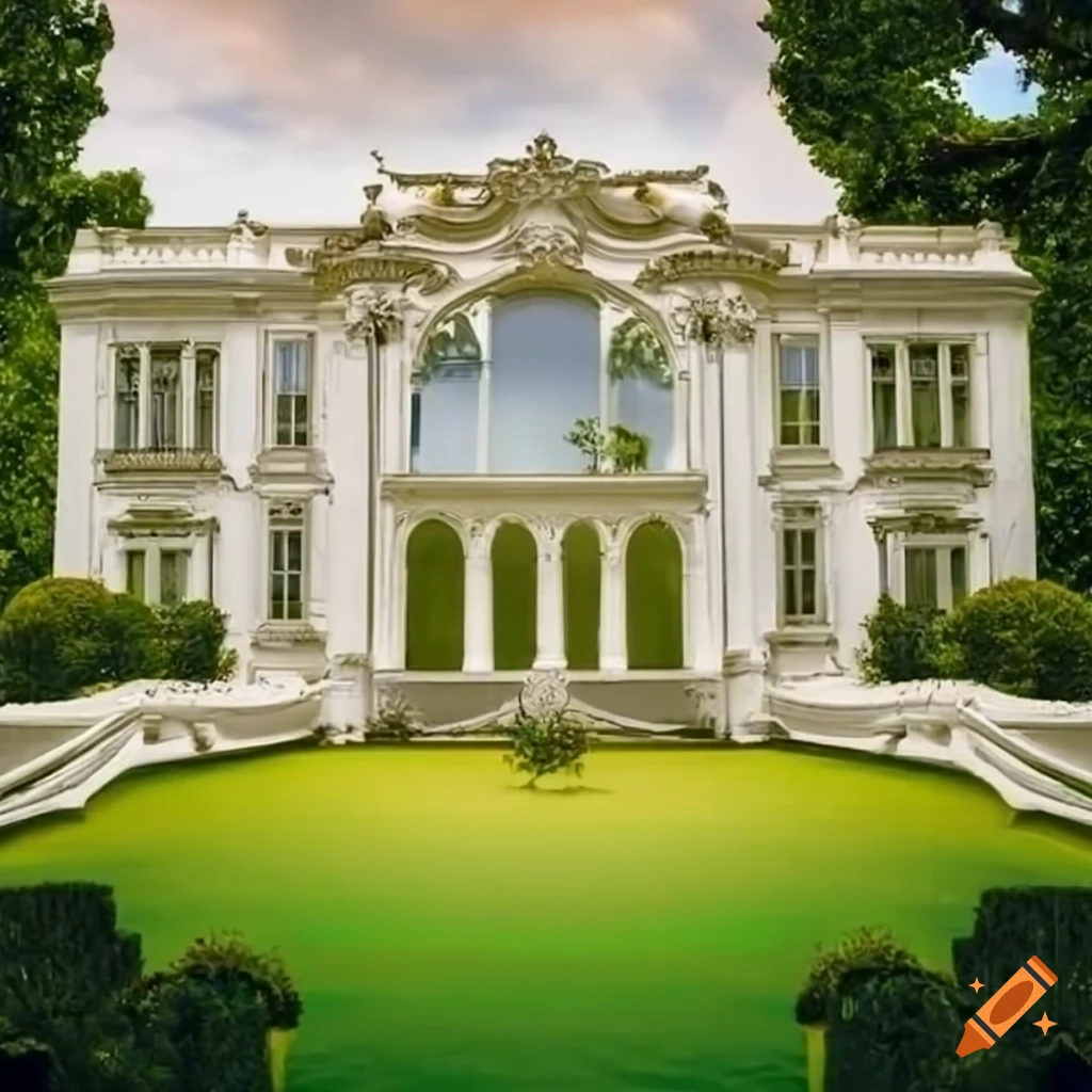 Luxurious rococo-style white stucco staircase in a garden with a pond