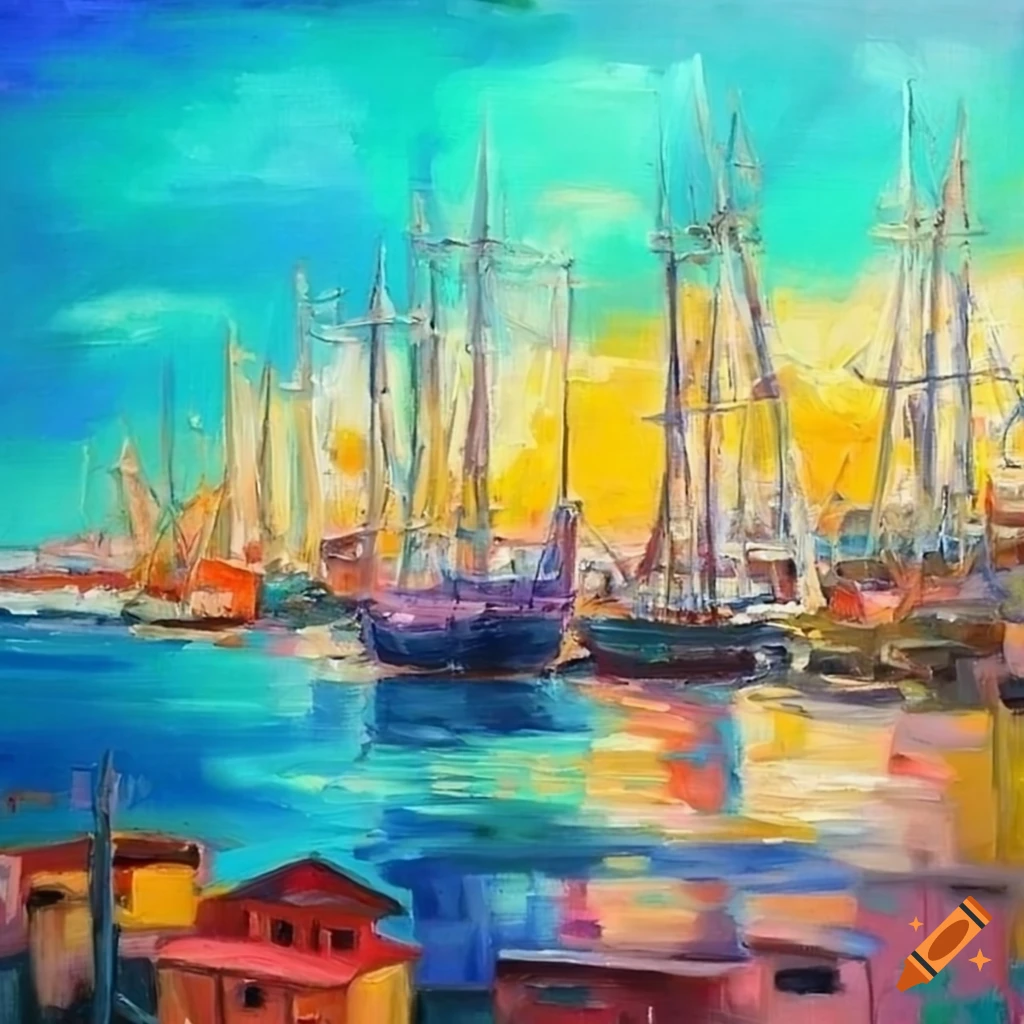 Colorful oil painting of the port of anzio