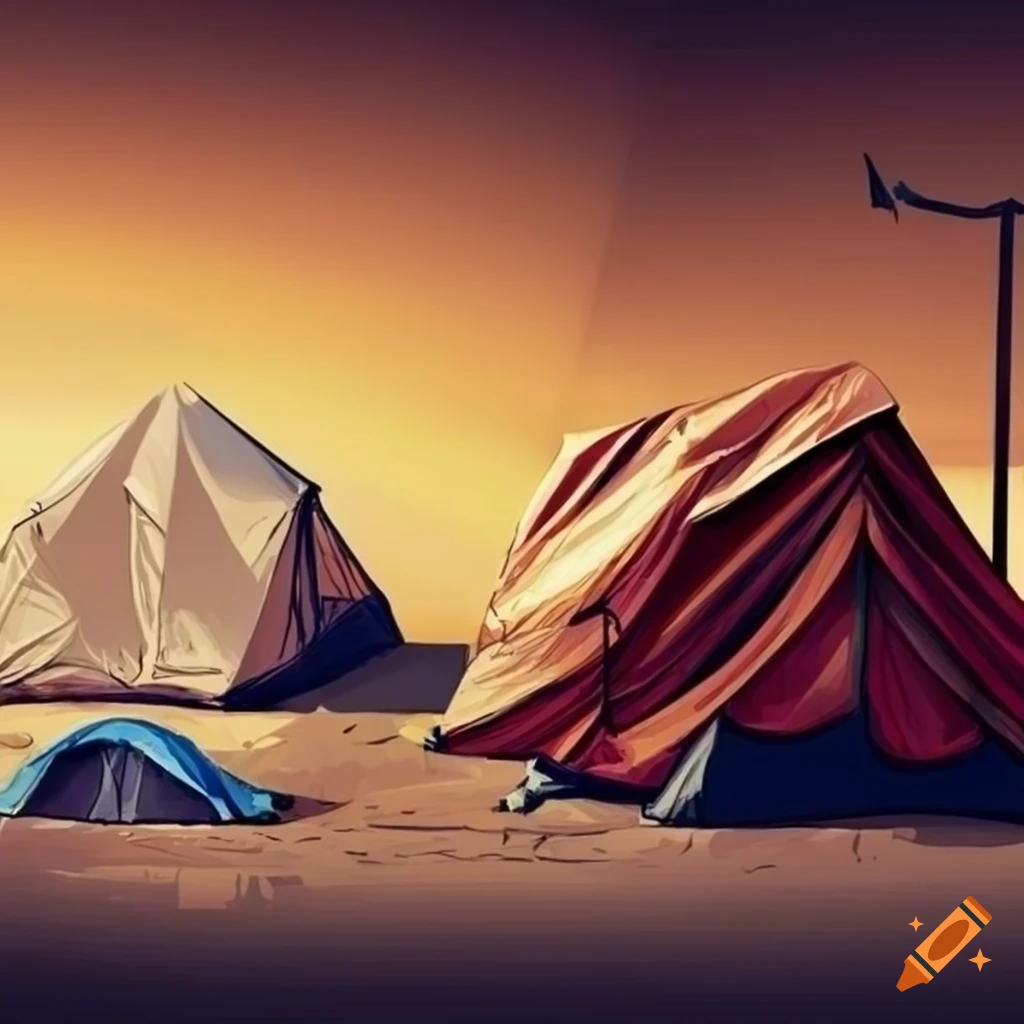 Creative illustration of homeless tents near a building on Craiyon