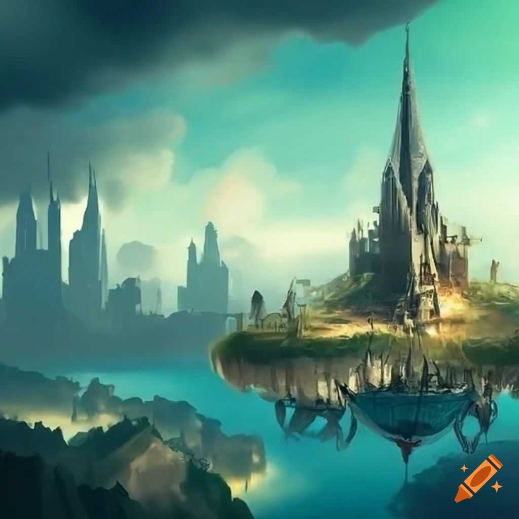 Magical flying city, a city on a flying island in a fantasy day time ...