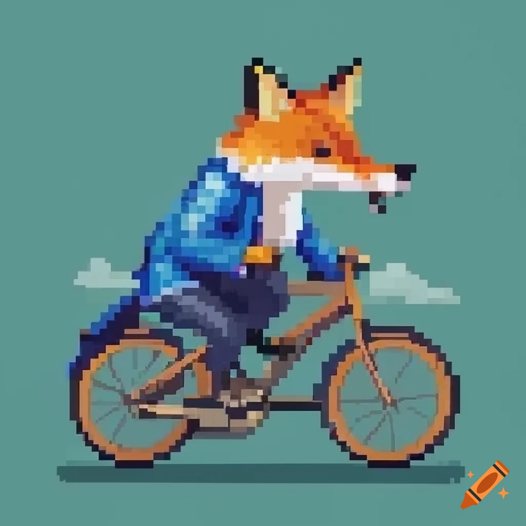 Pixel art of a fox riding a bicycle