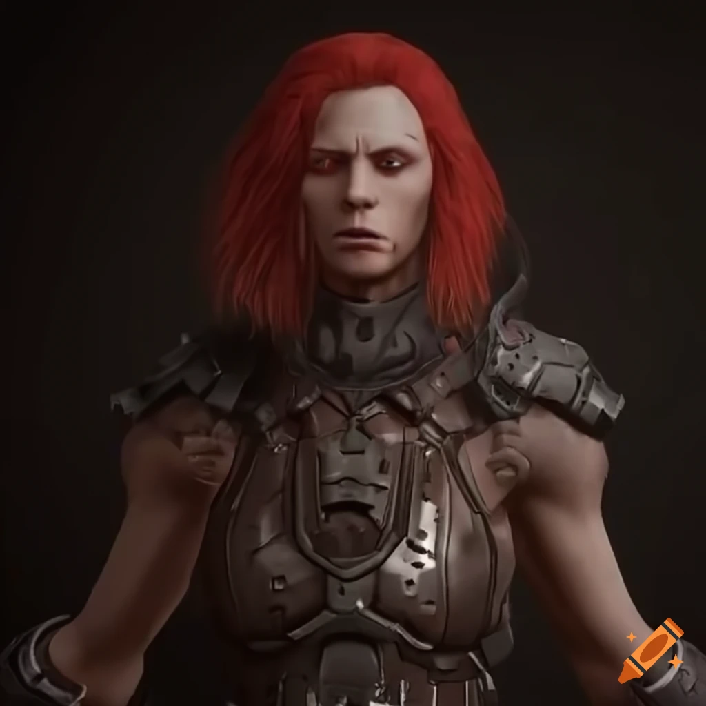 Image of a pale-skinned elf cyborg warrior with red hair and red eyes ...