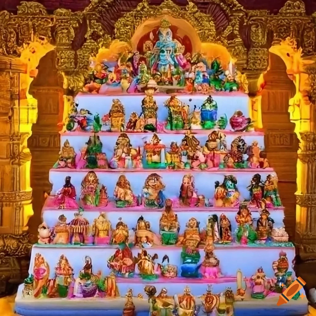 Invitation for navarathiri golu steps with hindu god dolls on Craiyon