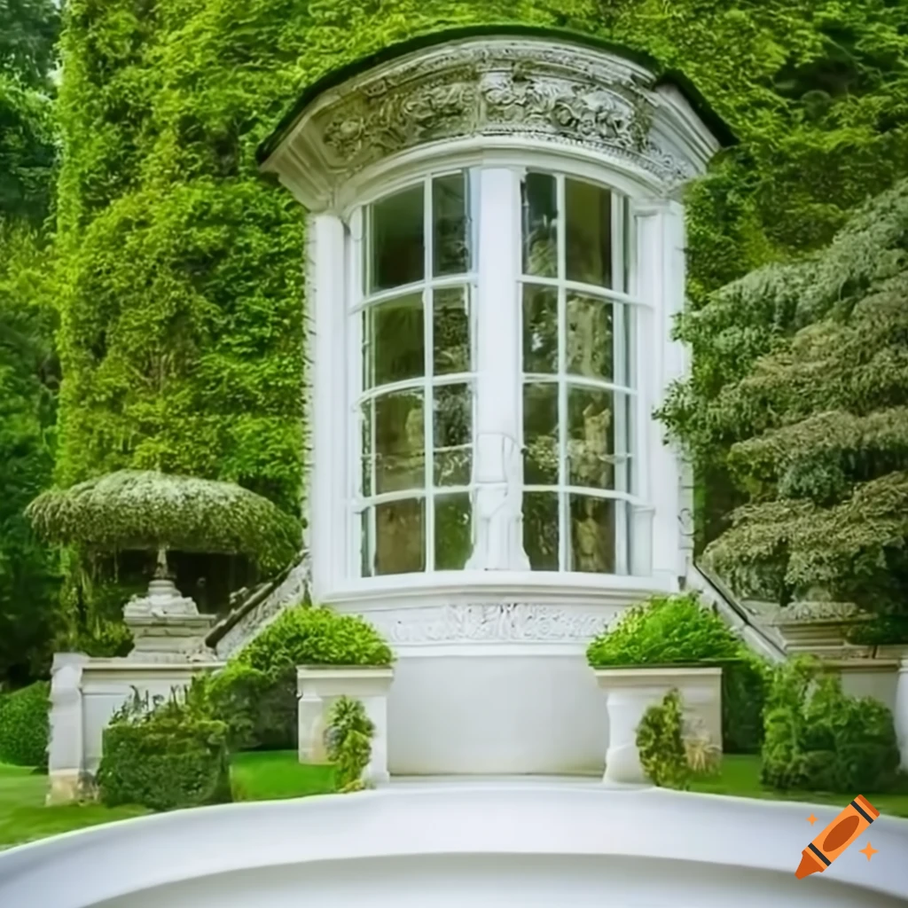 Rococo stucco entrance on a classical building with a garden on Craiyon