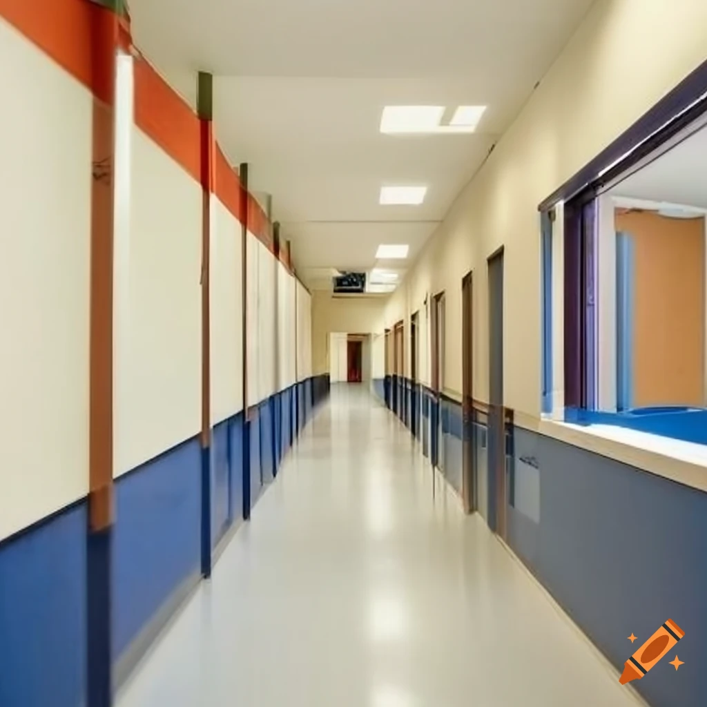 School corridor with classrooms and hall on Craiyon