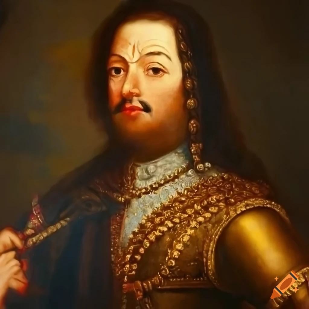 Oil portrait of a european king in traditional hindu attire on Craiyon