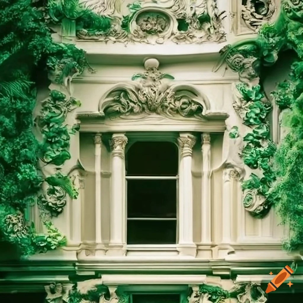 Stucco entrance of a classical building with a garden on Craiyon