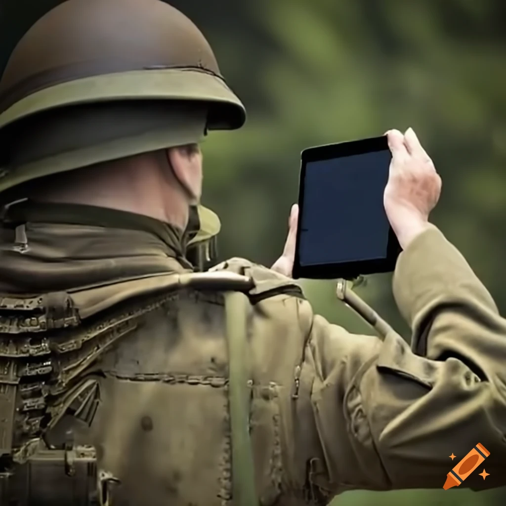 Ww2 soldier looking at a tank through an ipad on Craiyon