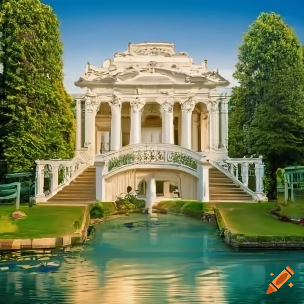 Luxurious white rococo stairway in a garden on Craiyon