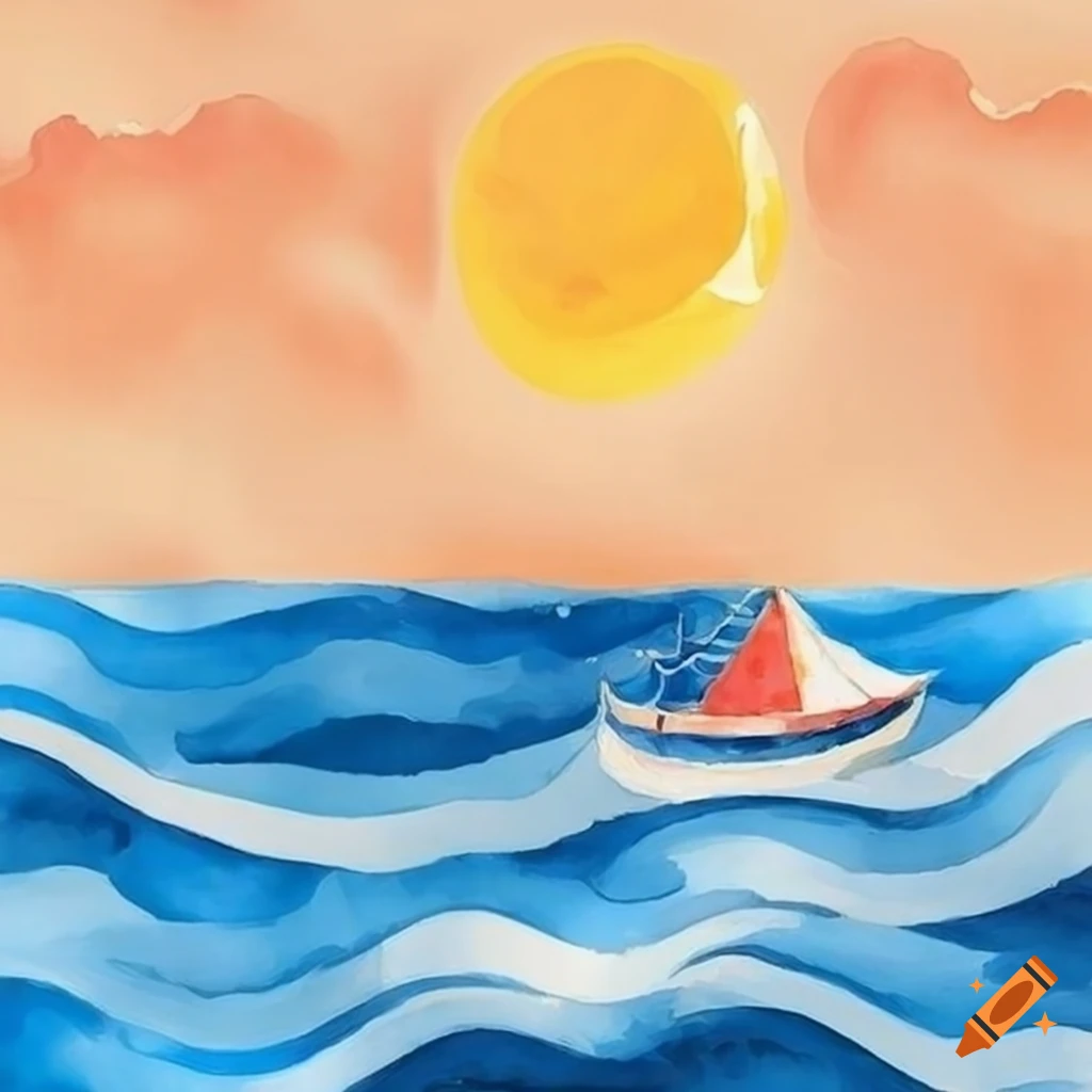 Orange sun rising over a blue wavy ocean with a boat
