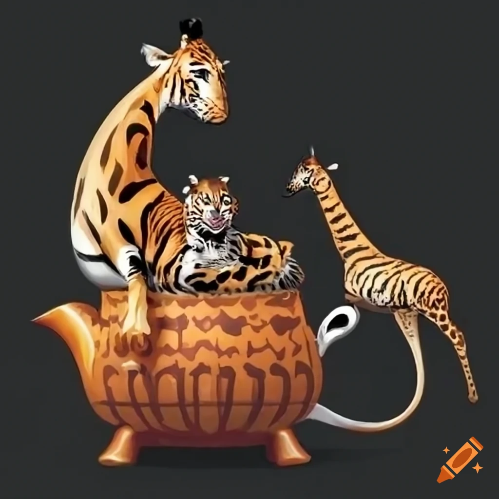Giraffe and tiger sitting on a teapot on Craiyon