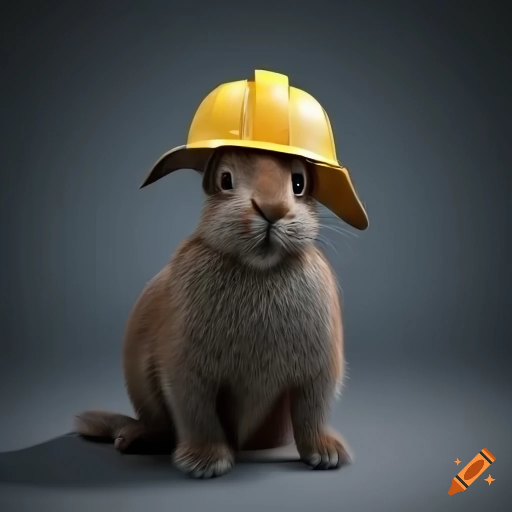 3D rendering of a rabbit wearing a hard hat on a construction site on ...
