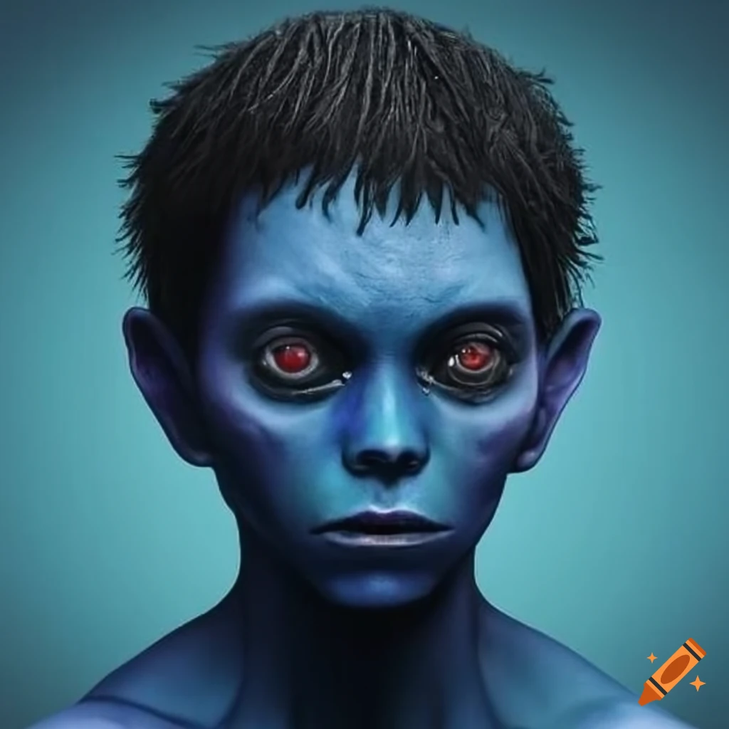 Realistic photo of blue-skinned humanoid alien couple standing together ...