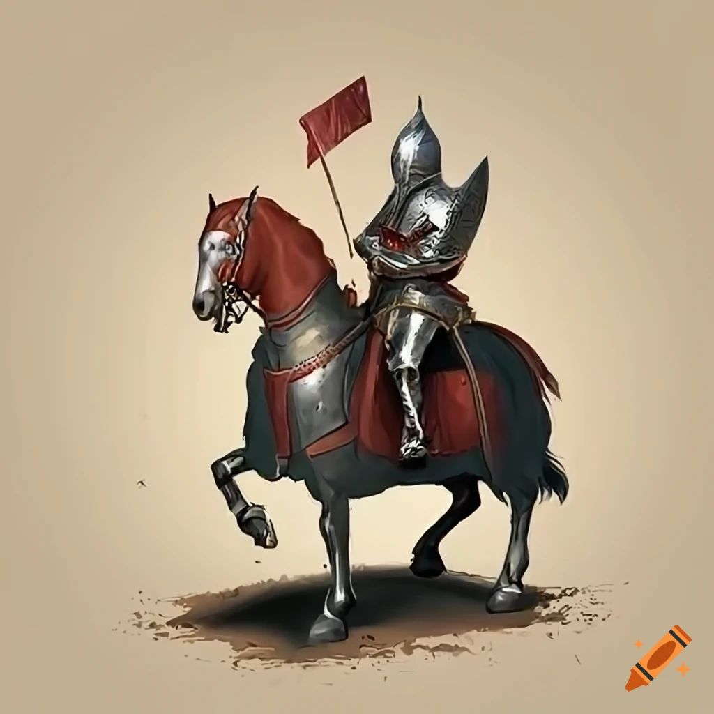 Blue armored knight holding a red halberd on an armored horse on Craiyon