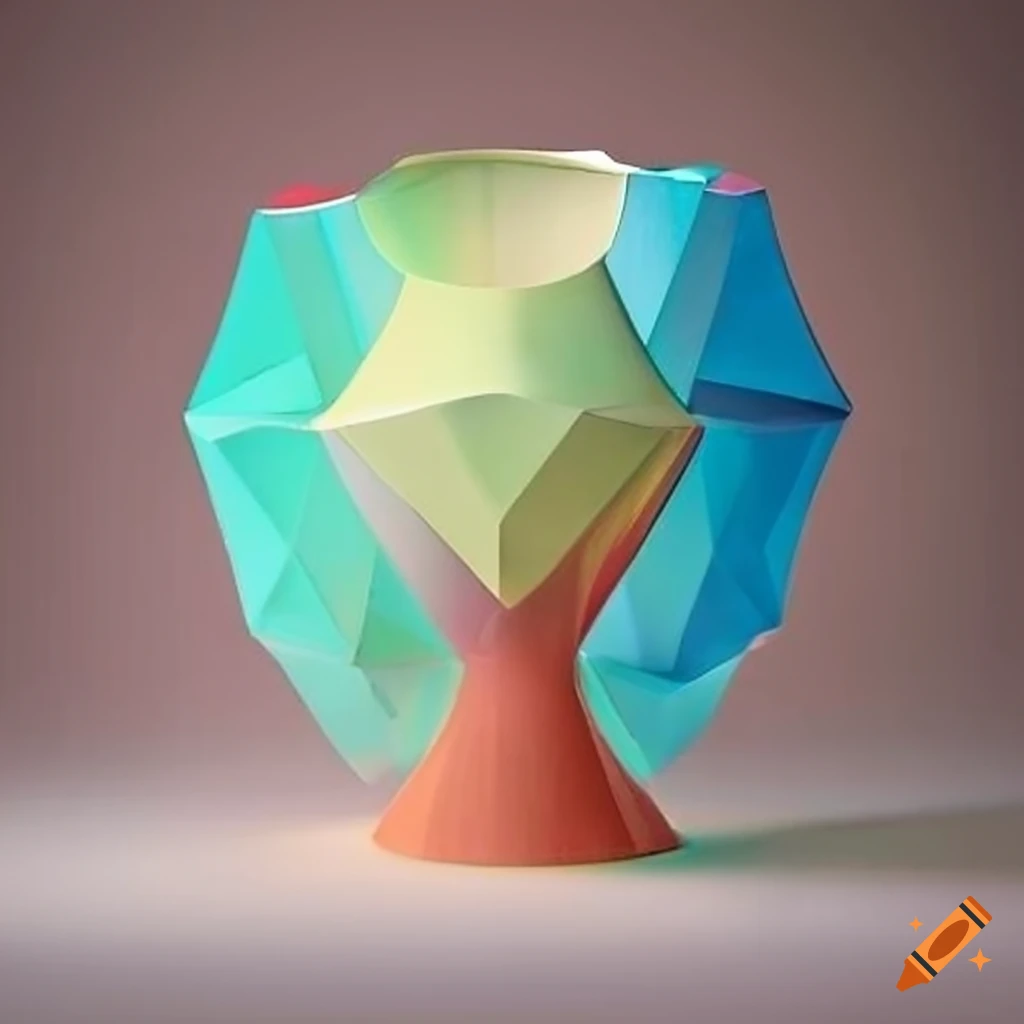 Surrealist abstract artwork with colorful shapes and a flower vase on ...