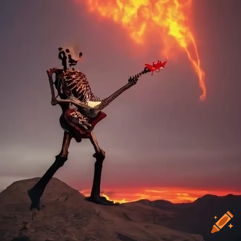 Skeleton playing electric guitar in a fiery sunset