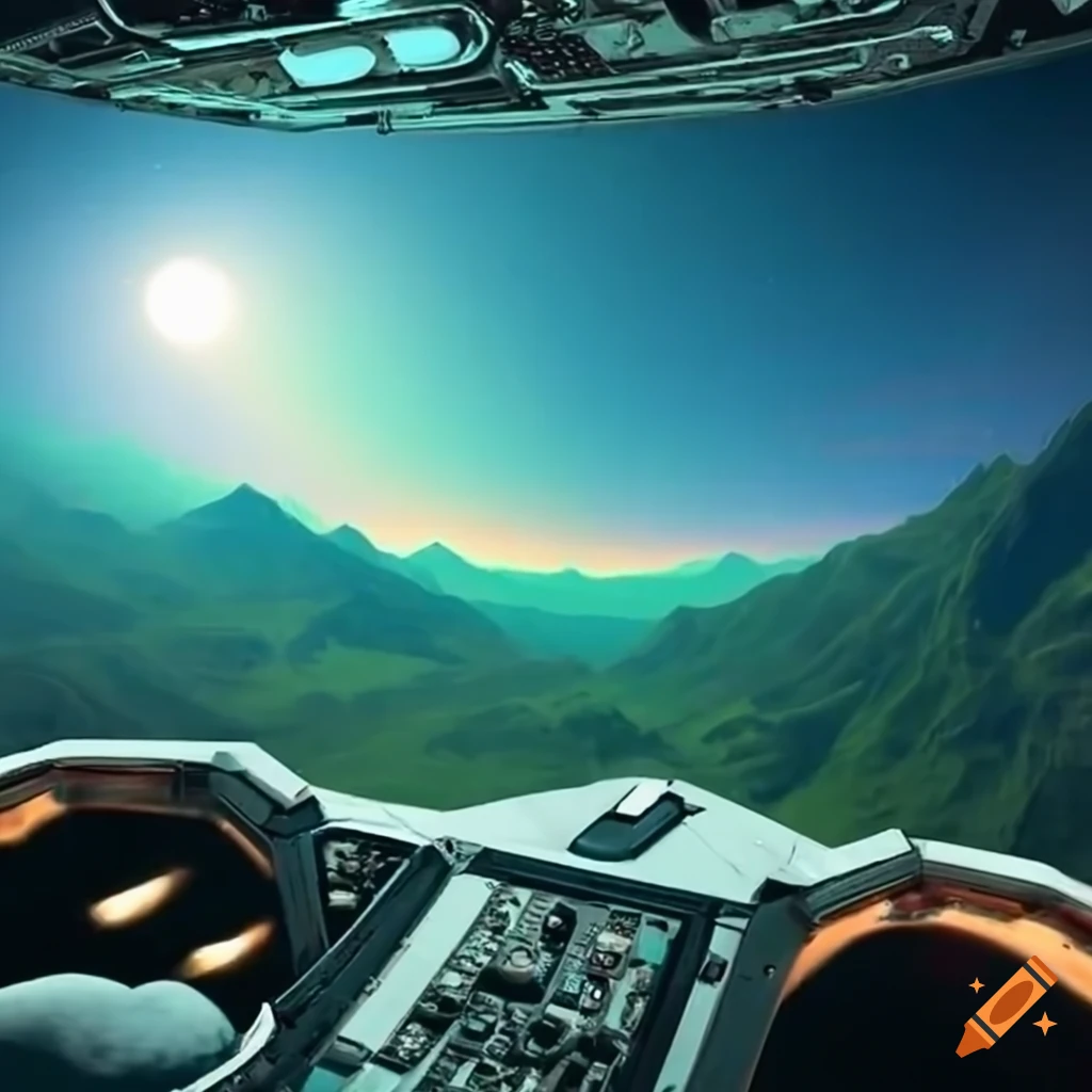 View from a spaceship cockpit with a green planet outside