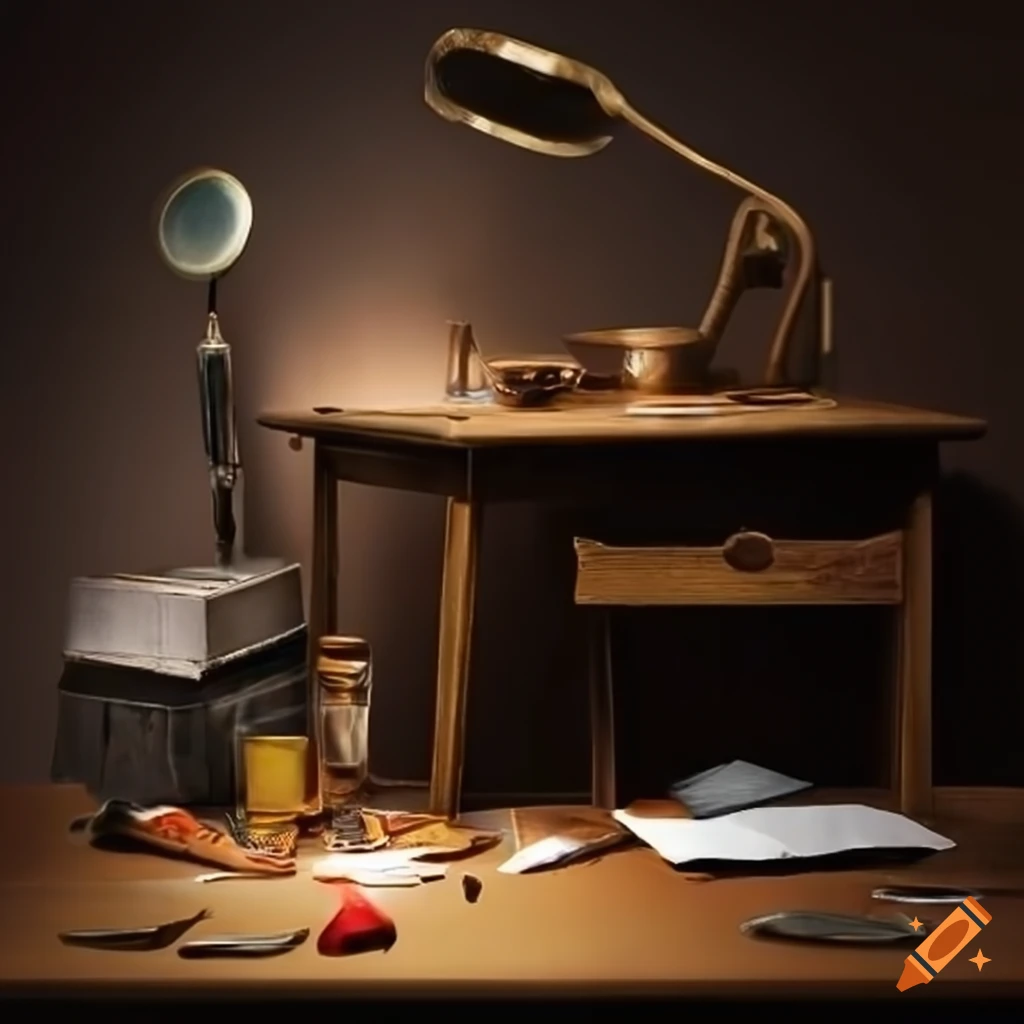 Messy detective desk with low lighting