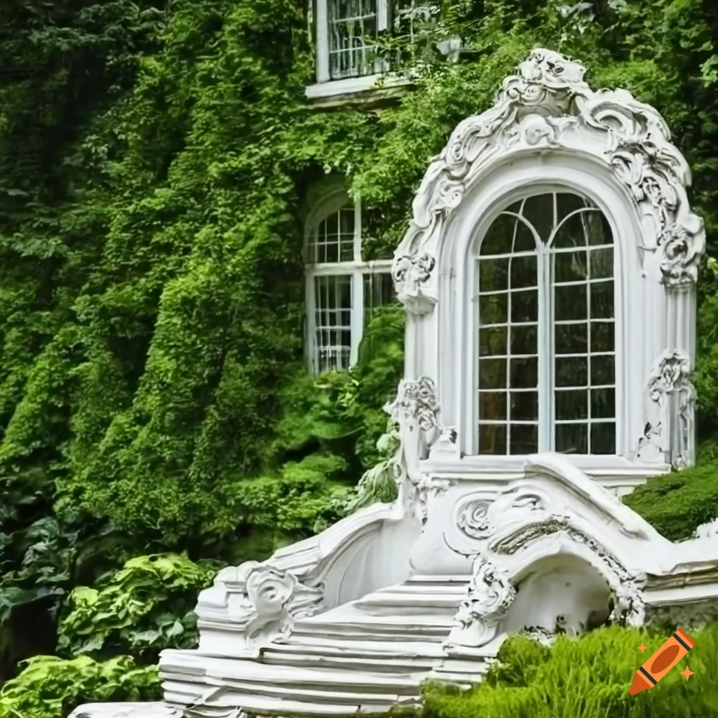 Luxurious rococo stairway in a beautiful garden on Craiyon