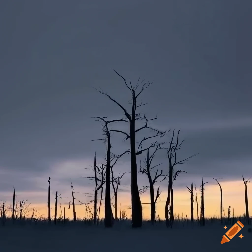 Award-winning gray and flat landscape with dead trees on Craiyon
