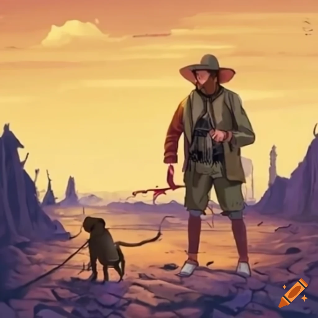 Painting of a modern explorer and his dog in a surreal landscape on Craiyon