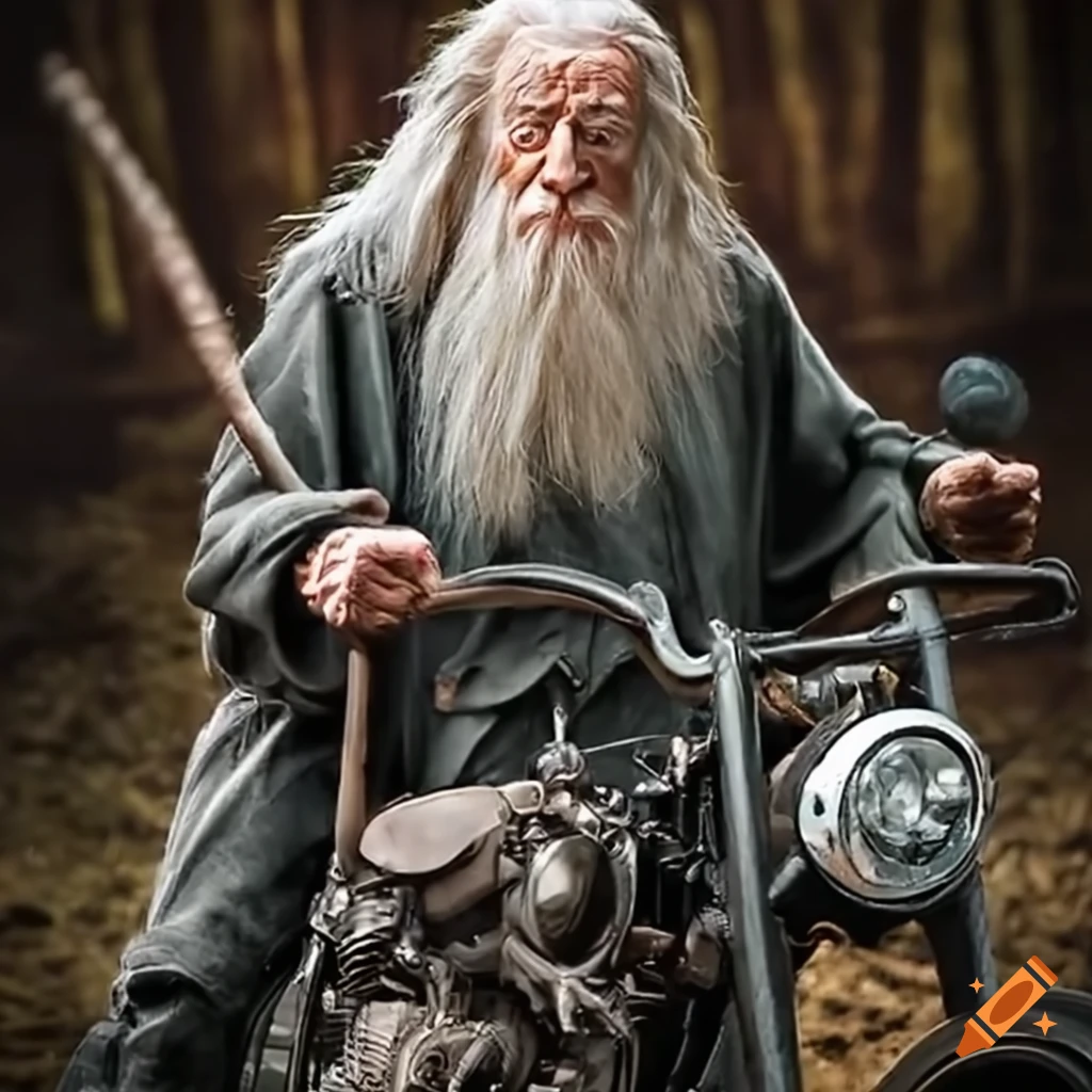 Gandalf riding a motorcycle