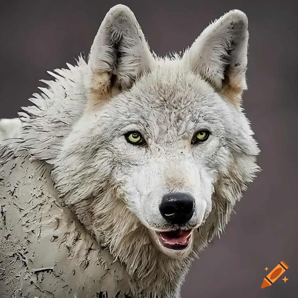 Realistic artwork of a mud-covered white wolf on Craiyon