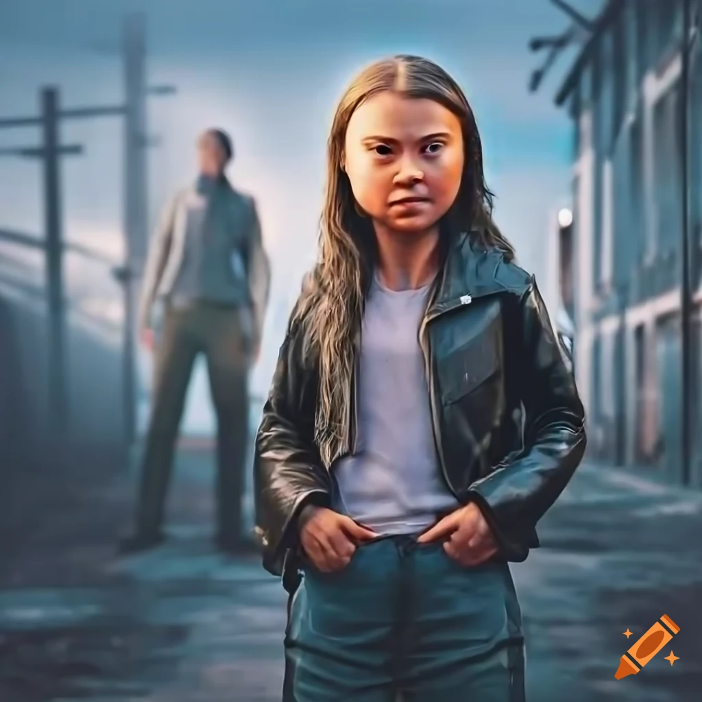 Close-up portrait of Greta Thunberg in black leather motorcycle attire ...