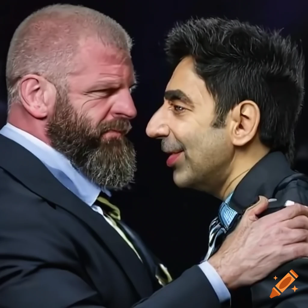 Tony Khan shaking hands with Triple H in a business deal on Craiyon
