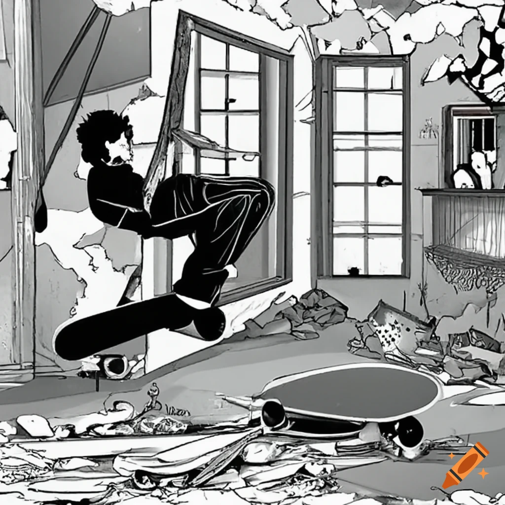 Skateboarding trick over a fiery gap in a rundown house on Craiyon