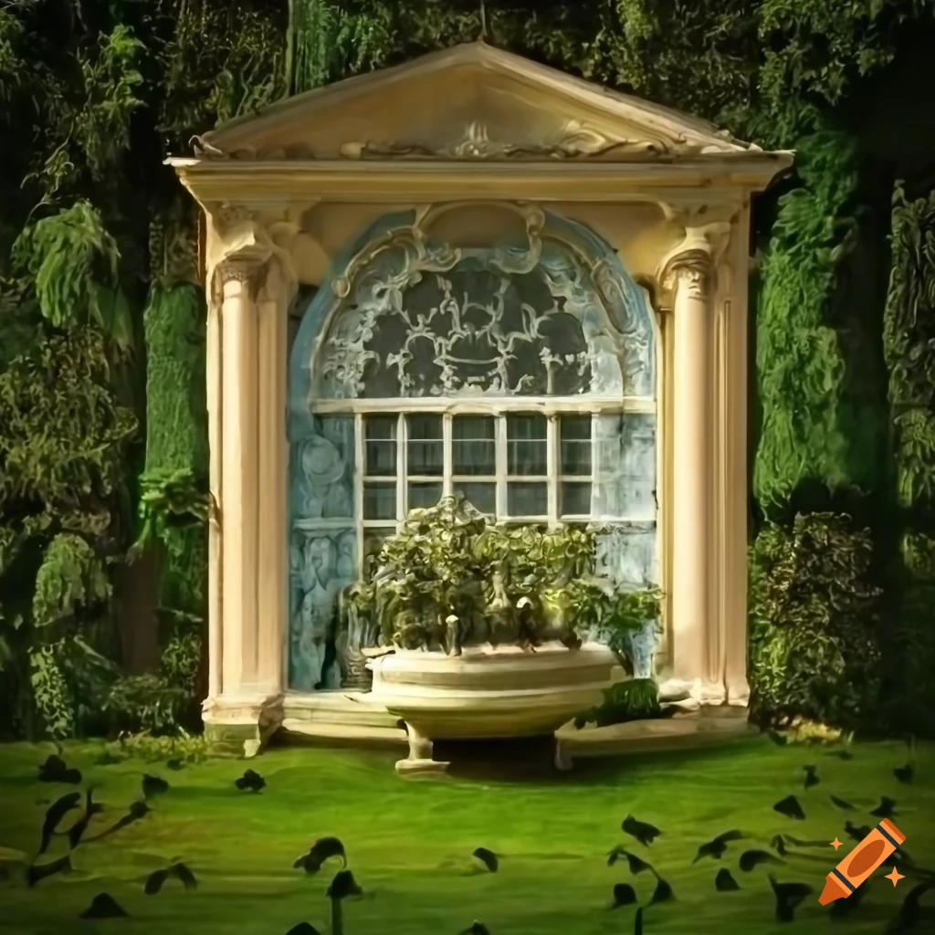 Stunning rococo entrance with a garden and pond on Craiyon