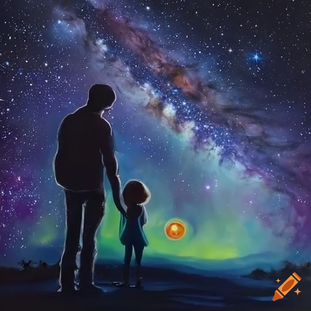 Painting of a father and daughter looking at stars on Craiyon