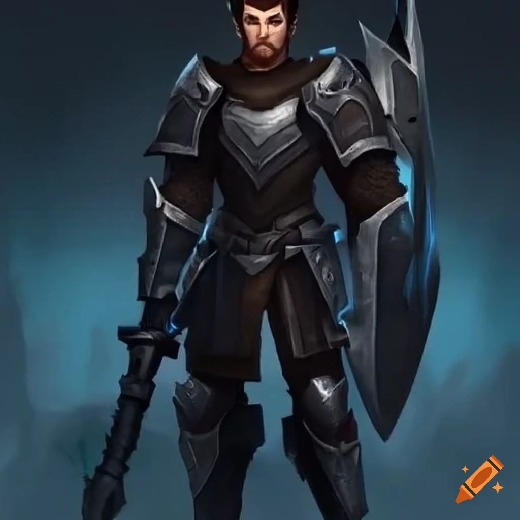 Character description: male paladin with dark hair and brown eyes