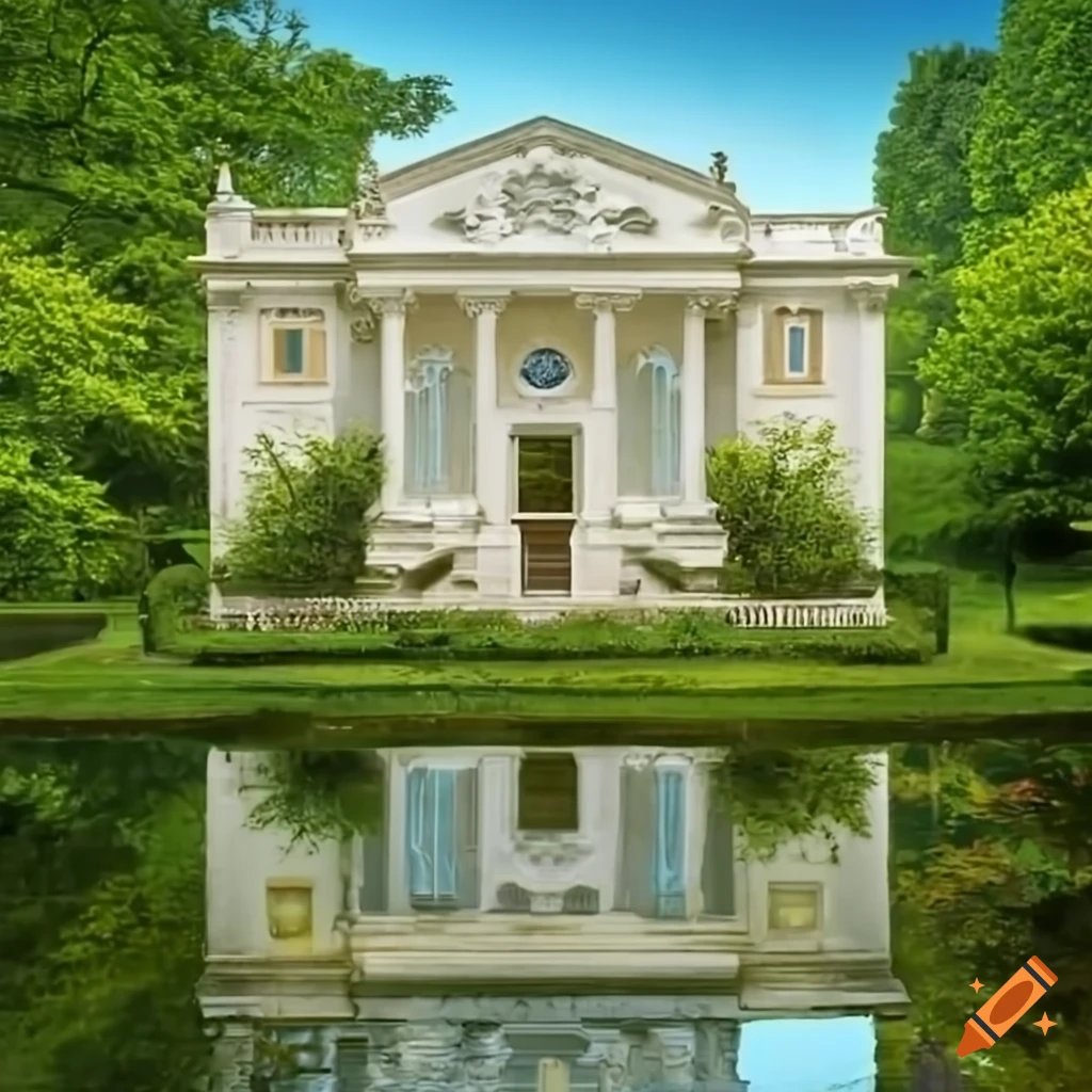 Rococo house with white stucco and leafy stairs in a garden with a pond ...