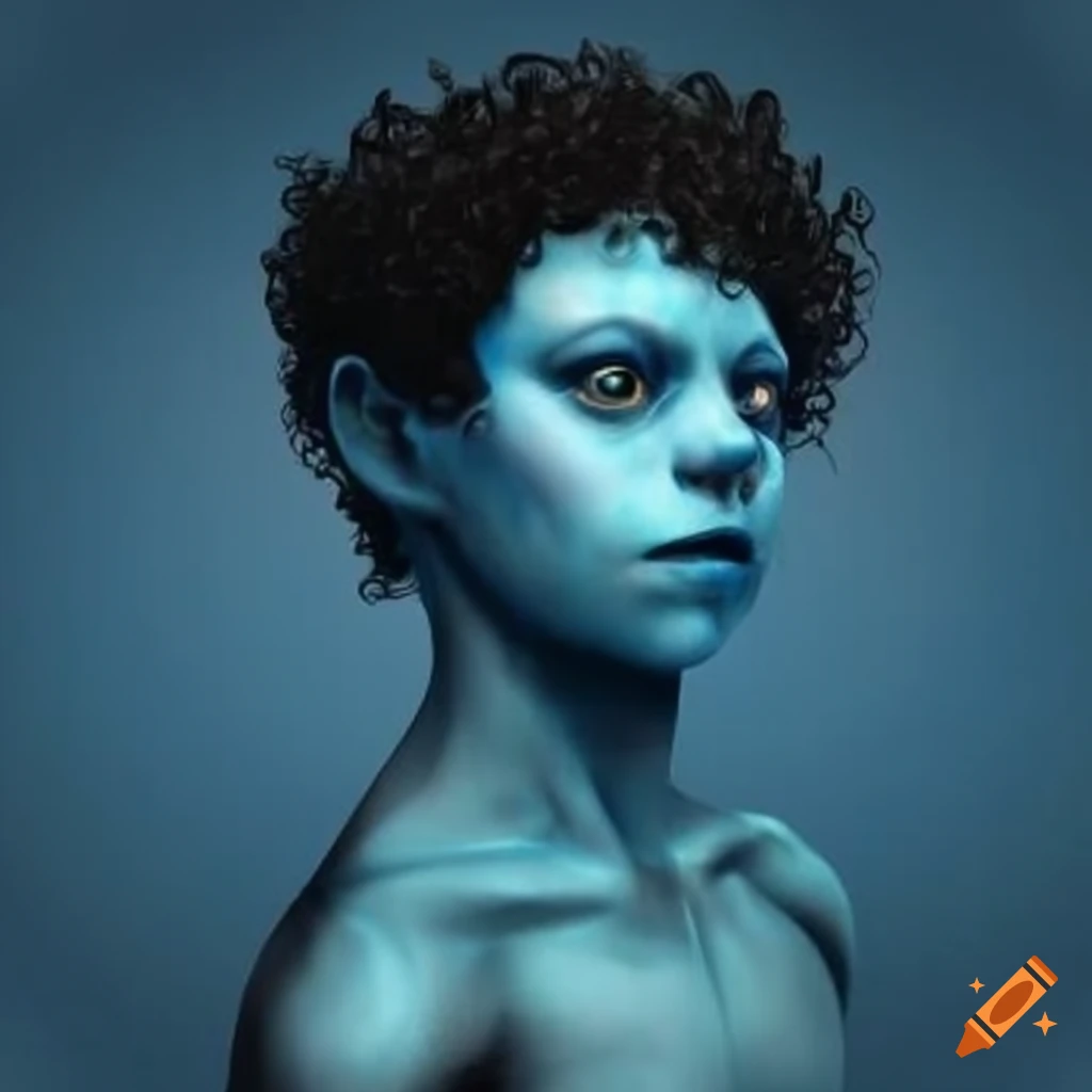 Blue-skinned alien man with curly black hair on Craiyon