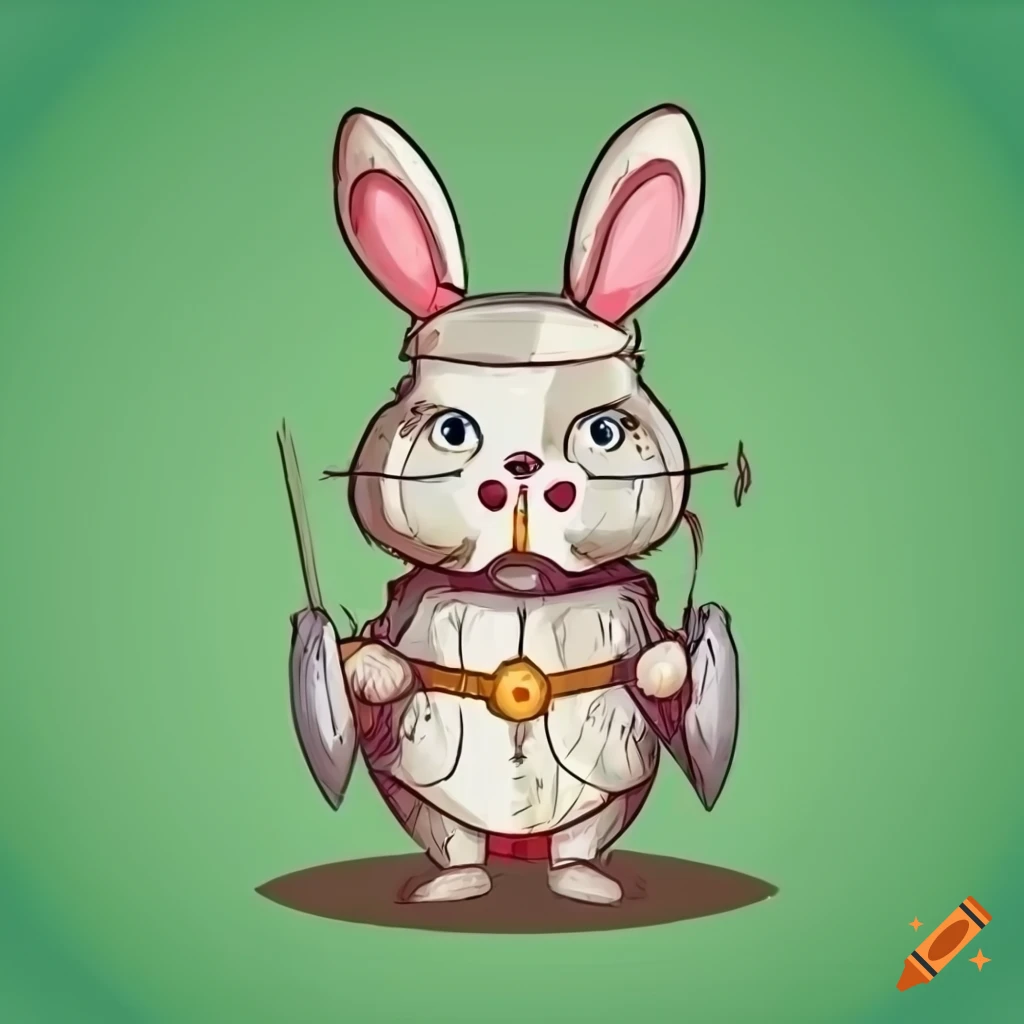 Cartoon illustration of a rabbit in medieval armor on Craiyon